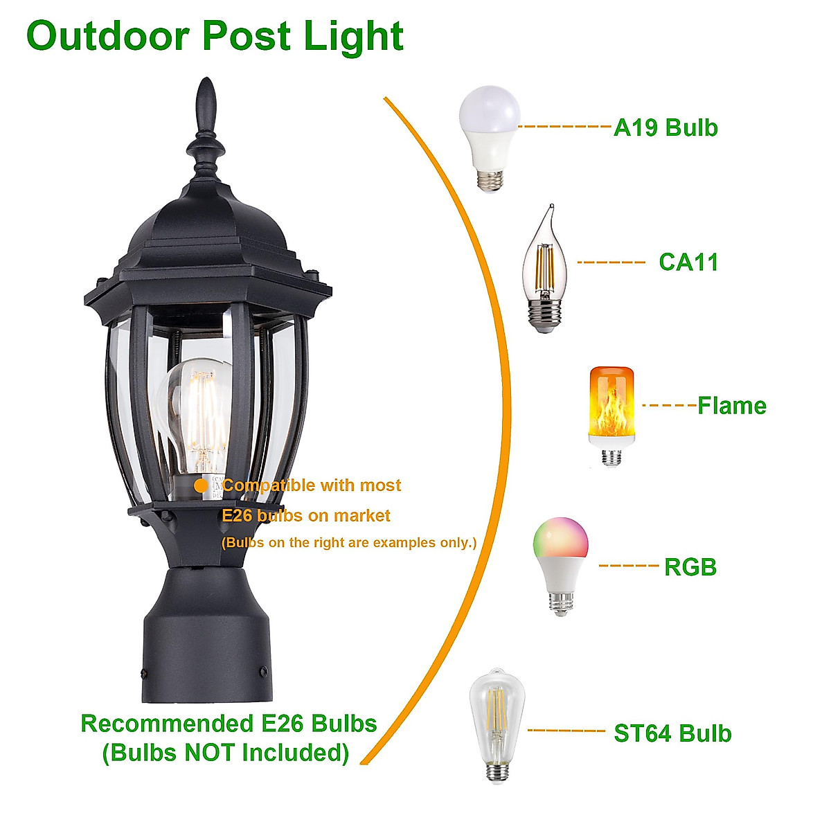 LIT-PaTH Outdoor Post Lighting Fixture Pole Lantern, E26 Medium Base Max 60W, Aluminum Housing Plus Glass, Matte Black Finish, 1-Pack