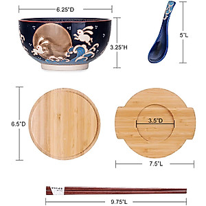 Happy Sales, Japanese Kamameshi Vintage Style Rice Noodle Ramen Bowl with Bamboo Lid Trivet Chopsticks and Porcelain Spoon Bowl Set (BlueRabbitMoon)