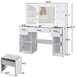 MECHYIN Vanity Desk, Make up Vanity Desk with Mirror and Lights, Vanity with Power Outlet and Stool, 3 Drawer 3 cabinets Storage Unit Dresser, Vanity with Lights 3 Models Settings for Bedroom (White)