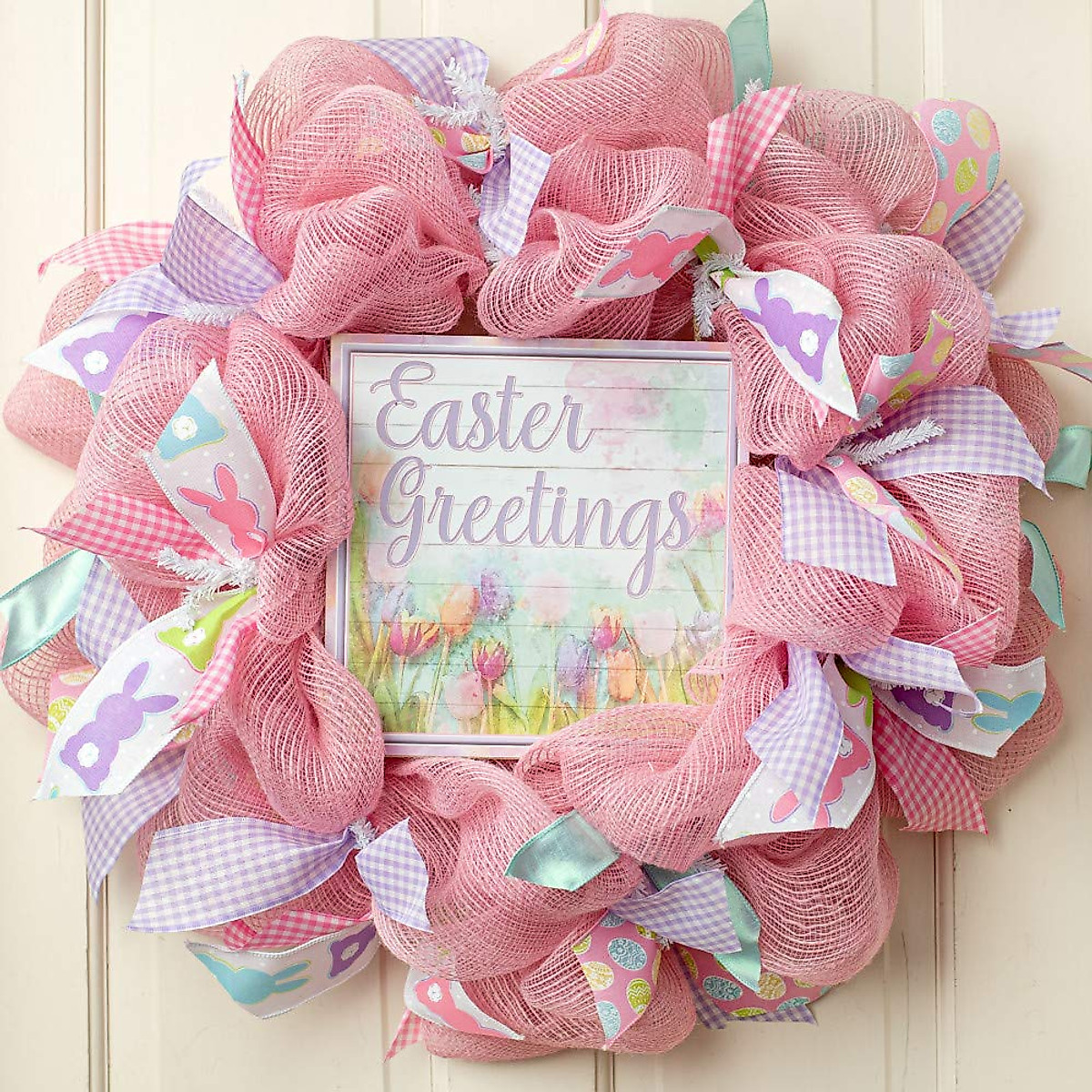 Pastel Tulips Easter Greetings Sign - 10" x 10", Wreath, Swag, Garland, Home, Kitchen, Patio, Door, Storefront, Spring, Flowers, Church, Porch, Garden
