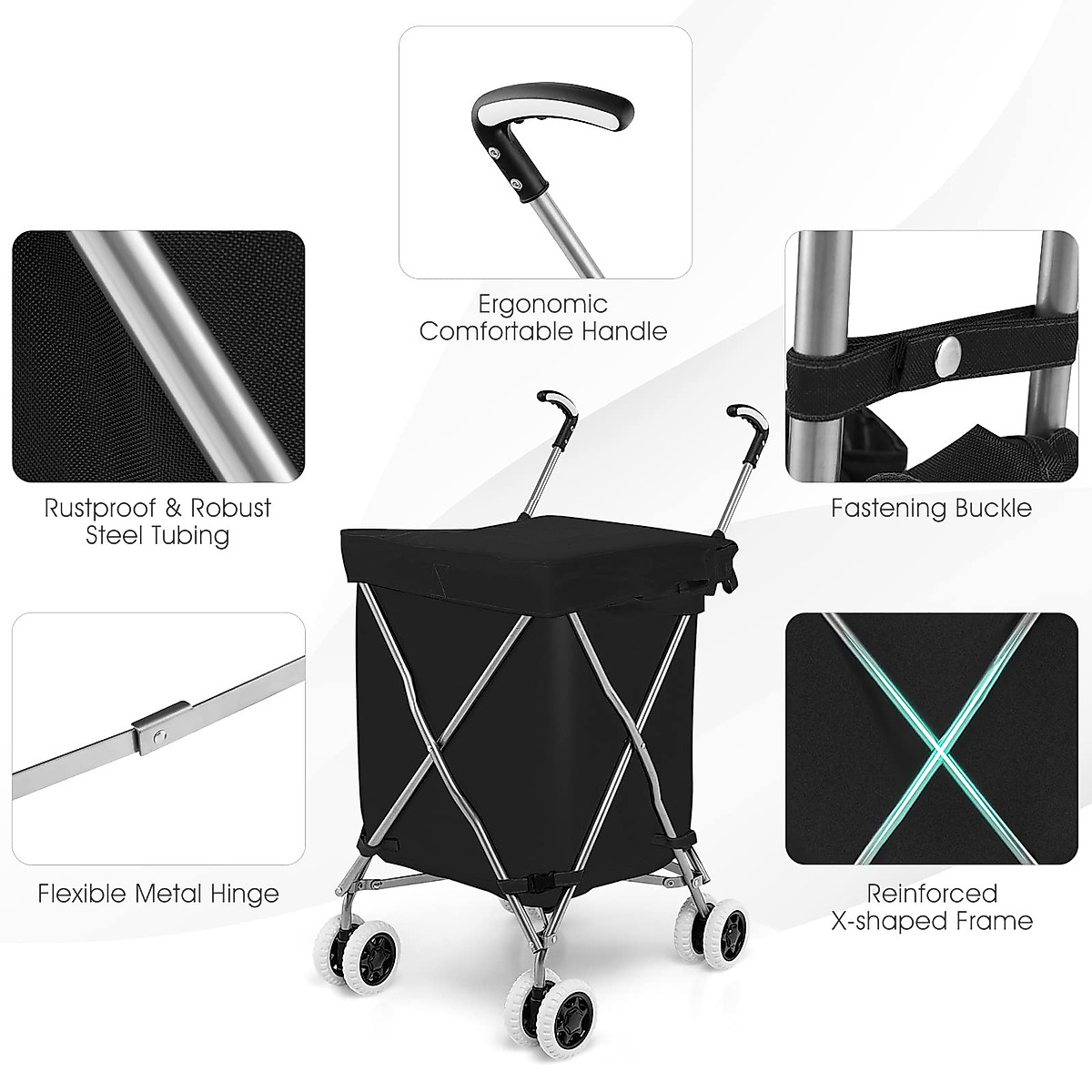 GOFLAME Folding Shopping Cart, Large Grocery Cart with Wheels and Removable Fabric Cover, Lightweight and Sturdy Rolling Utility Cart for Groceries Laundry Shopping Picnic (Black)