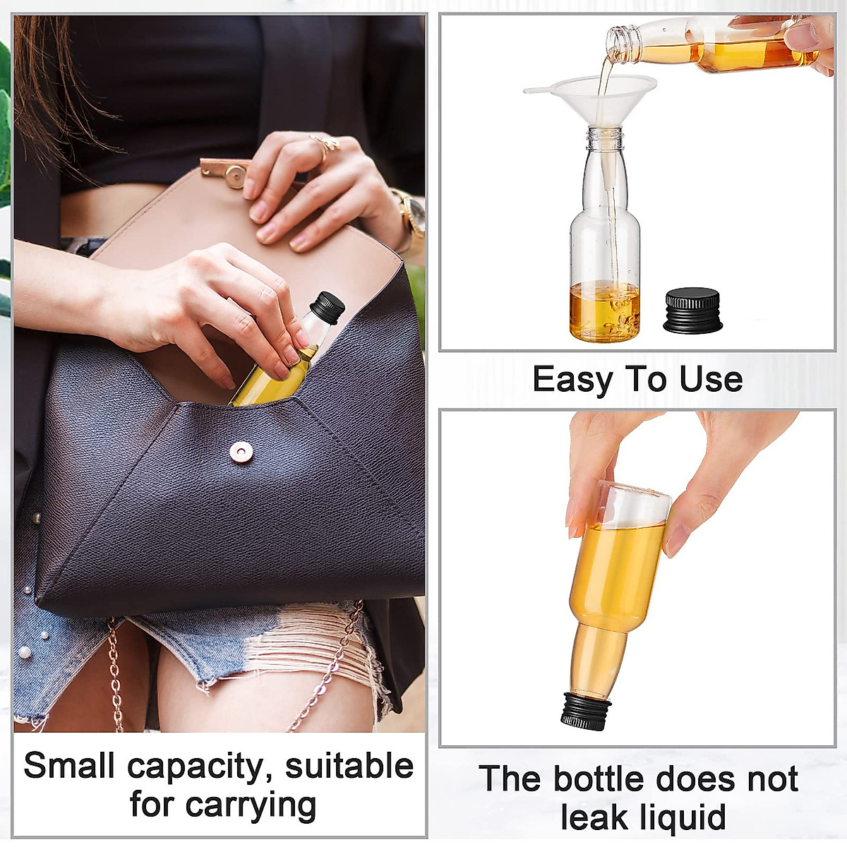 120 Pcs Mini Liquor Bottles, Plastic Spirit Bottle, 2 oz Mini Empty Plastic Alcohol Shot Bottles with Funnels, Airtight Shot Bottles Miniature Bottles for Party Favors, Weddings (Silver, Gold, Black)