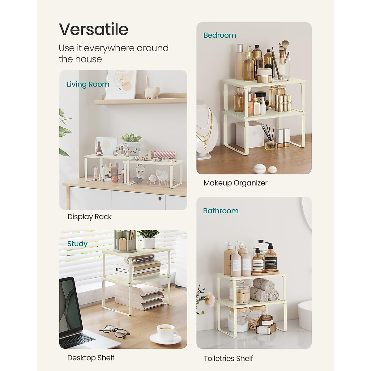 SONGMICS Cabinet Organizer Shelf, Set of 2 Kitchen Counter Shelves, Kitchen Storage, Spice Rack, Stackable, Expandable, Metal and Engineered Wood, Cream White UKCS002W02