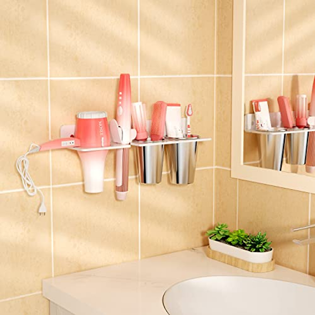 NIUBEE Hair Tool Organizer Wall Mount, Acrylic Hair Drayer and Styling Holder, Bathroom Blow Dryer Storage Organizer for Vanity, Hair Accessories,Curling Wand (White)