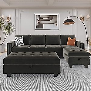 Belffin Velvet Convertible 4-Seat Sectional Sofa with Reversible Chaise L Shaped Sofa Couch Furniture Sets Sectional Couch with Storage Ottoman Grey