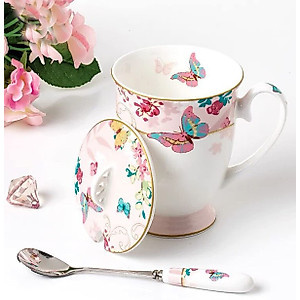 YBK Tech Euro Style Porcelain Tea Cup Coffee Mug with Lid for Breakfast Home Kitchen (((Butterflies Pattern) (Pink)))