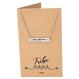 quan jewelry Tribe Mama Bar Heartbeat Heart Pendant Necklace, Fiendship EKG Bar Necklaces for Mom. Mom Necklace for Expecting Mothers and Women with Greeting Card