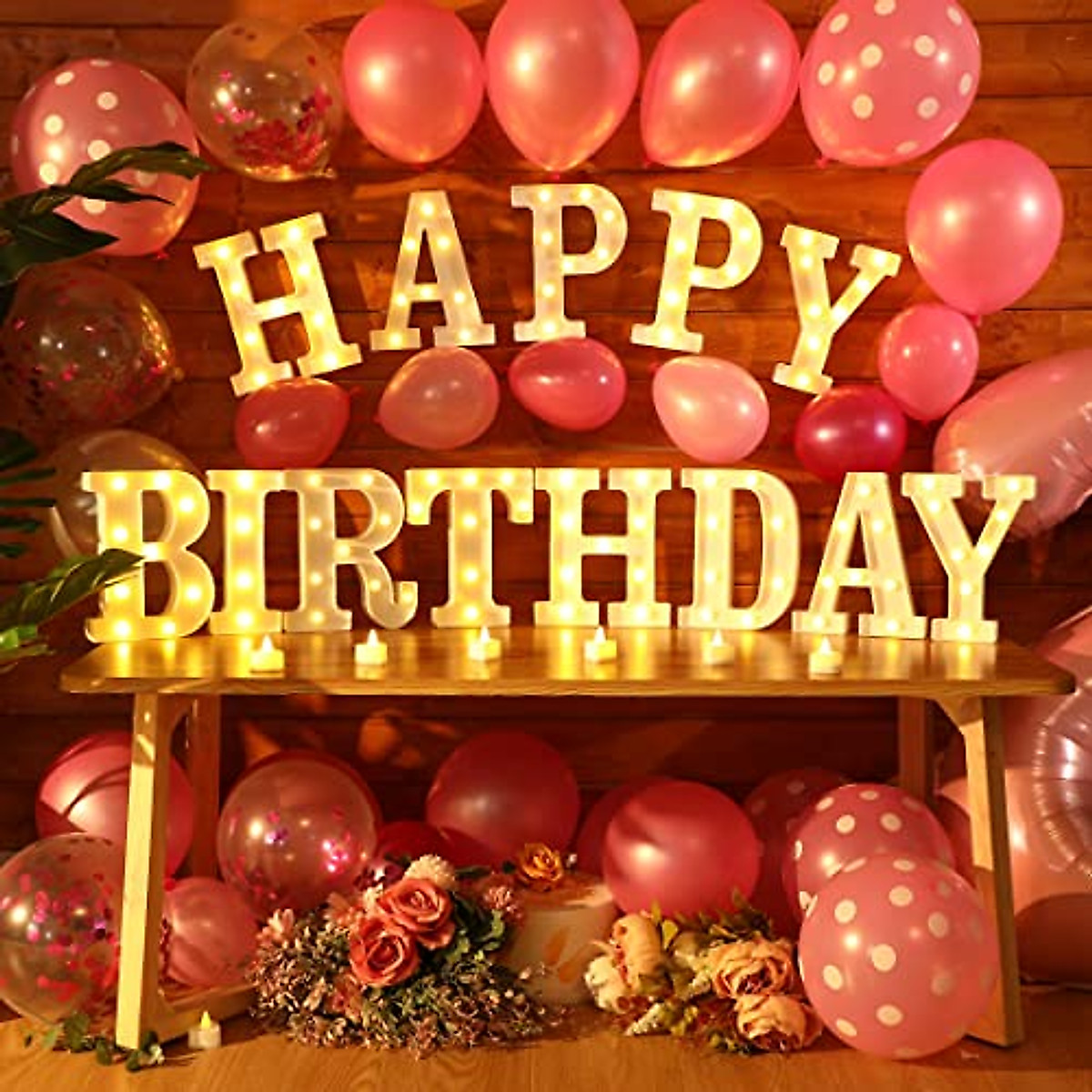 Coume 155 Bulbs Happy Birthday Marquee Light up Letters with 24 Pcs Flameless Votive Candles, White Sign Decoration Led Battery Operated Candle Tea Lights for Christmas Wedding Decor