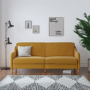 DHP Jasper 77 Inch Futon Sofa Bed, Modern Upholstered Couch Sleeper with Sloped Arms, Mustard