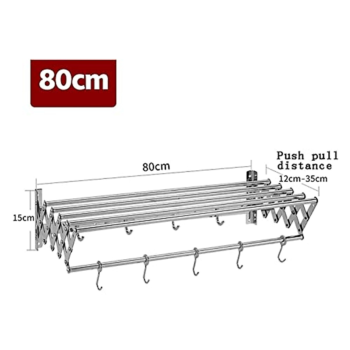 XMCX 50-80cm Laundry Drying Rack Airer -Wall Mounted - Retractable - Clothes Dryer Collapsible Folding Towel Shelf with Hooks Washing Line Easy Storage (Color : 5 Hook, Size : 80cm)