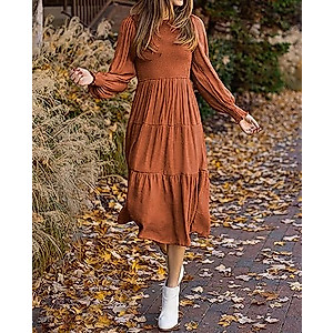 Tobrief Fall Dresses for Women Casual Smocked Beach Long Sleeve Midi Long Dress Rust L