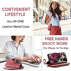 CaseMe iPhone 14 Pro Max Wallet Case, Case with Card Holder, Leather for Women Men, Premium Magnetic Kickstand Strap Zipper, Red