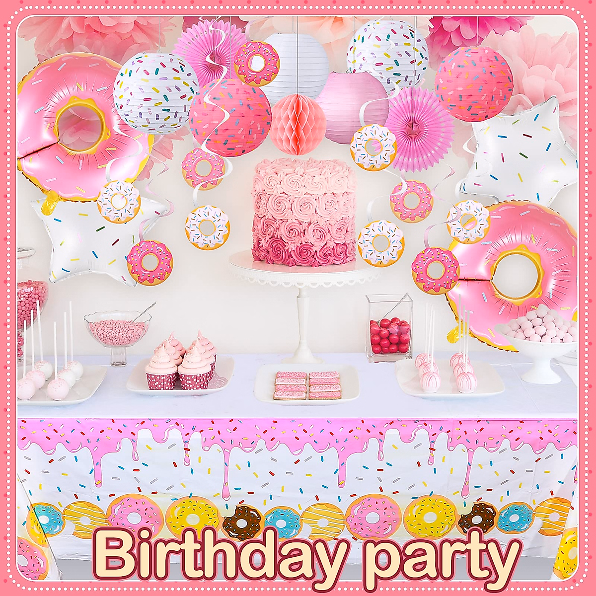 24 Pcs Donut Birthday Party Decorations, Donut Theme Table Cover, 8 Donut Paper Lanterns, Honeycomb Ball, 2 Party Paper Fans, 10 Donut Hanging Swirl, 4 Donut Balloons Garland for Baby Shower Party