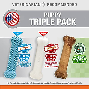 Nylabone Puppy Triple Pack - Blue Puppy Teething Toy, Nylon Dog Toy, & Chew Treat Variety Pack - Puppy Supplies - Chicken and Bacon Flavors, Small/Regular (3 Count)