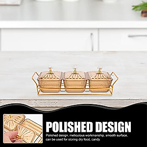 Cabilock Serving Bowls Condiment Serving Tray 3 Clear Appetizer Bowls Set with Iron Rack Chip Dips Snack Dish Buffet Server Food Display Relish Platter for Fruit Dessert Nuts Candy Decorative Tray