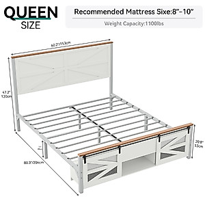 YITAHOME Queen Size Farmhouse Bed Frame with Sliding Barn Door Storage Cabinets, Platform Bed Frame with 47.2" Headboard, Solid Metal Slats Support, Noiseless, No Box Spring Needed, White