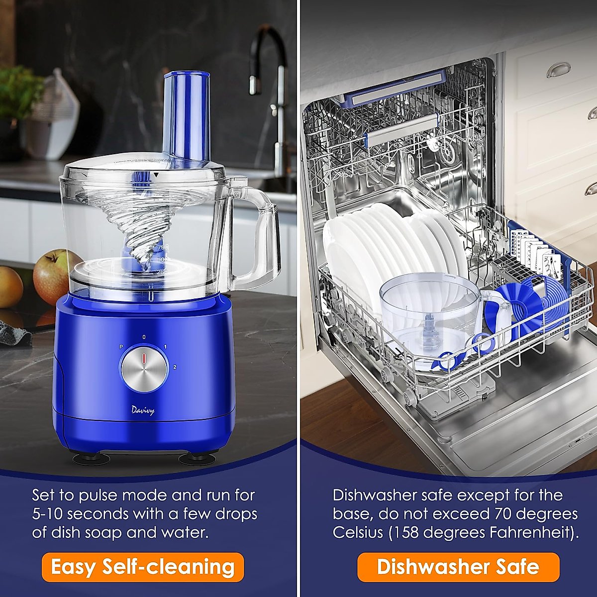 Davivy Food Processor 7 Cup,Built-in Storage Drawer Small Food Processor with 10 set blades,French fry cutting,Wavy slicing for Home Use,3-Speed, Blue,600W