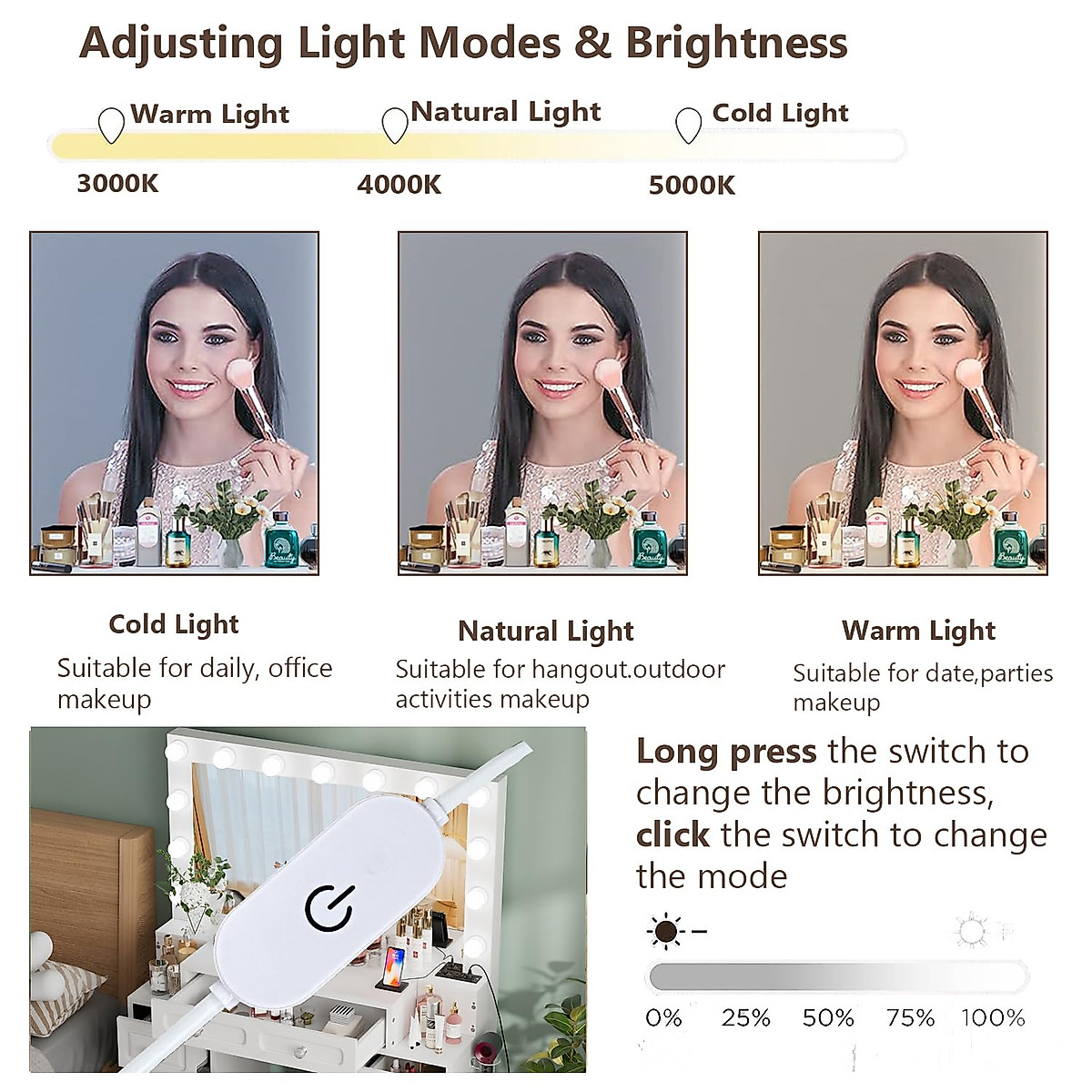 FURNJOYLIFE Farmhouse Makeup Vanity Desk with Lighted Mirror & Power Outlet, Vanity Dresser Table with 3 Lighting Modes Brightness Adjustable,7 Drawer,2 Shelves,Hair Dryer Stand for Bedroom,White