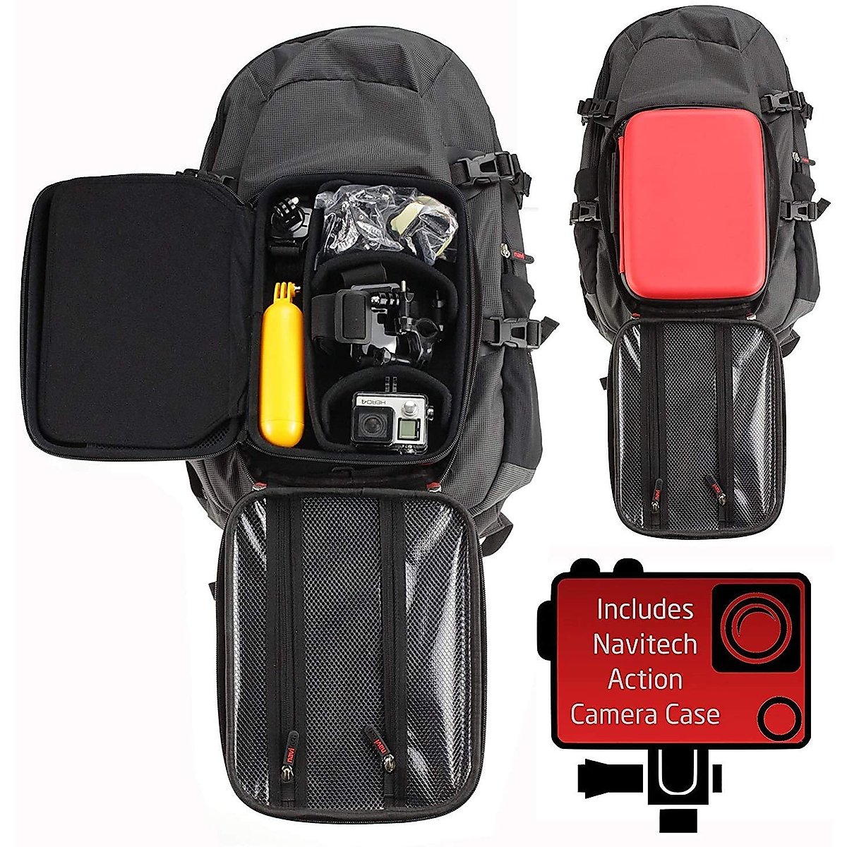 Navitech Action Camera Backpack & Red Storage Case with Integrated Chest Strap - Compatible with DragonTouch Vision 3 Pro Action Camera