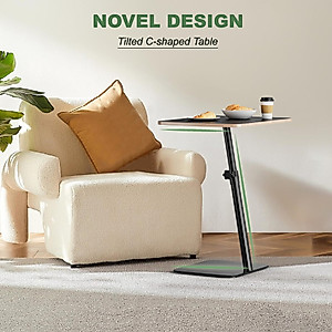 Height Adjustable End Table - Small Couch Side Table for Small Spaces Modern C Shaped bedside End Table That Slide Under, Black Wood Laptop TV Tray Table with Metal Base, Living Room Bathroom Home Use