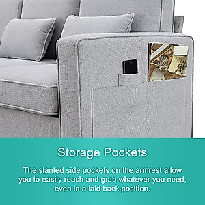 GLORHOME Modern Linen Fabric Sofa with Armrest Pockets and 4 Pillows-Minimalist Style 4-Seater Couch for Living Room, Apartment, Office-104, Light Grey