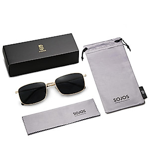 SOJOS Retro Vintage Rectangle Polarized Sunglasses Mens Womens Classic UV400 Metal Sunnies SJ1215, Gold/Black