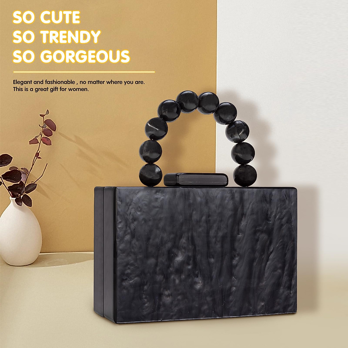 Acrylic Purses Evening Clutch Bag Marbling Handbags for Women Cross Body Bag with Pearl Chain Formal Wedding Prom Party(Black)