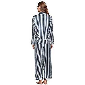 TONY & CANDICE Women's Classic Satin Pajama Set Sleepwear Loungewear (Blue and White Striped, Medium)