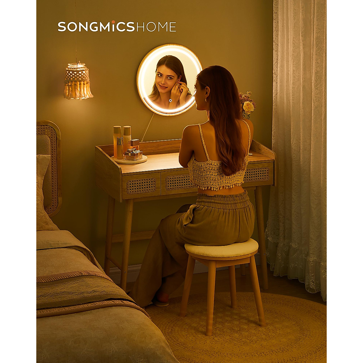 SONGMICS HOME BOHOVEN Collection - Vanity Stool, Upholstered Makeup Stool with Solid Wood Legs, Round Footstool, Non-Slip Foot Pads, Boho Style, for Bedroom, Makeup Room, Cream White and Oak Beige