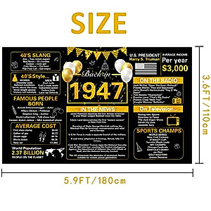 Crenics Black Gold 76th Birthday Decorations, Vintage Back in 1947 Birthday Backdrop Banner, Large 76 Years Old Birthday Anniversary Poster Photo Background Party Supplies for Women Men, 5.9 x 3.6 Ft