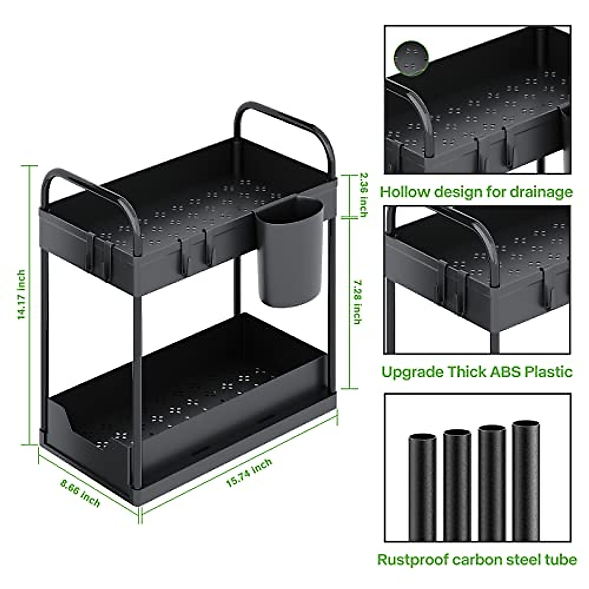 2 Pack Under Sink Organizers and Storage, Cabinet Organizer with Sliding Drawers, Bathroom Organizer, Multi-purpose Under Kitchen Sink Storage Shelf with Handles, 4 Cups and 8 Hooks, (Black)