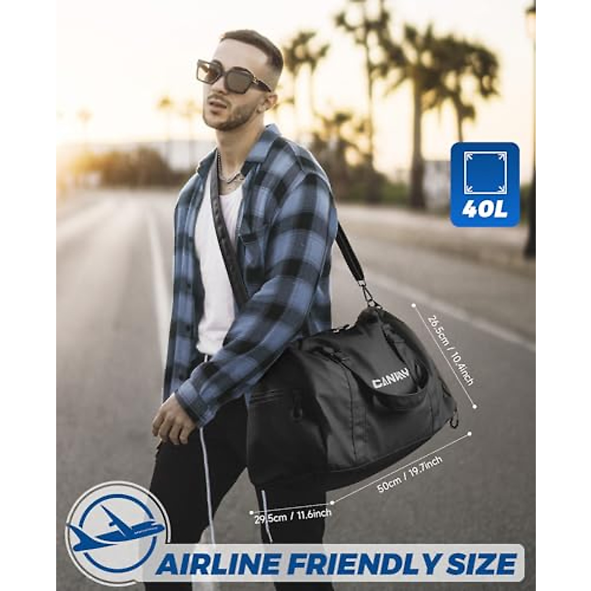 Canway Sports Gym Bag, Travel Duffel bag with Wet Pocket & Shoes Compartment for men women, 45L, Lightweight (Black-40L)