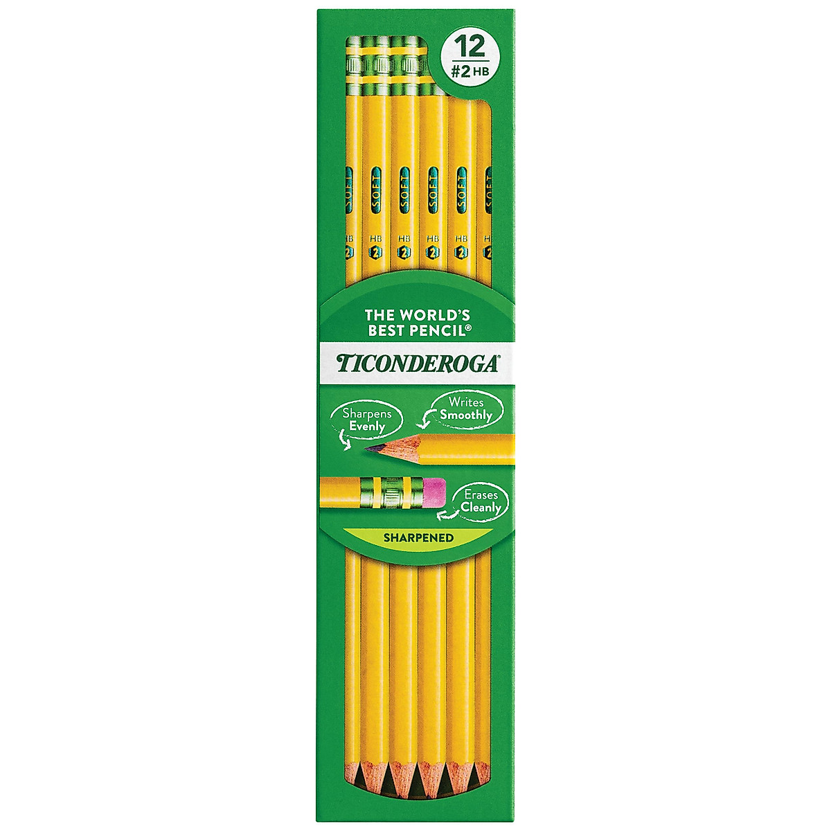 Ticonderoga Pencils, Pre-Sharpened, #2 Soft Lead, Yellow Barrel, Box Of 12