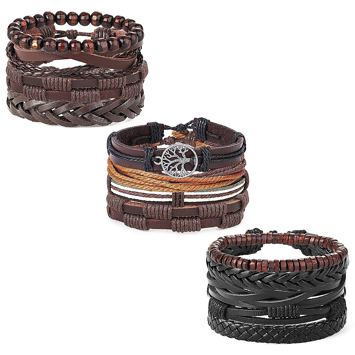 HANPABUM 18pcs Braided Leather Bracelets for Men Women Woven Cuff Wrap Bracelet Wood Beads Ethnic Tribal Bracelets Adjustable