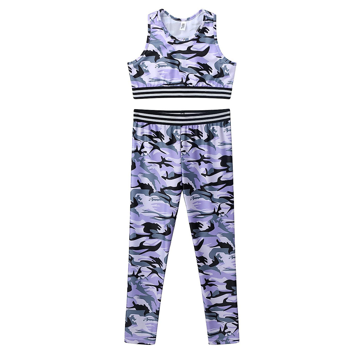 CHICTRY Kids Girls' 2 Piece Athletic Leggings with Tank Crop Tops Outfits sets for Gymnastics Sports Workout Fitness Camouflage Lavender 12-14 Years