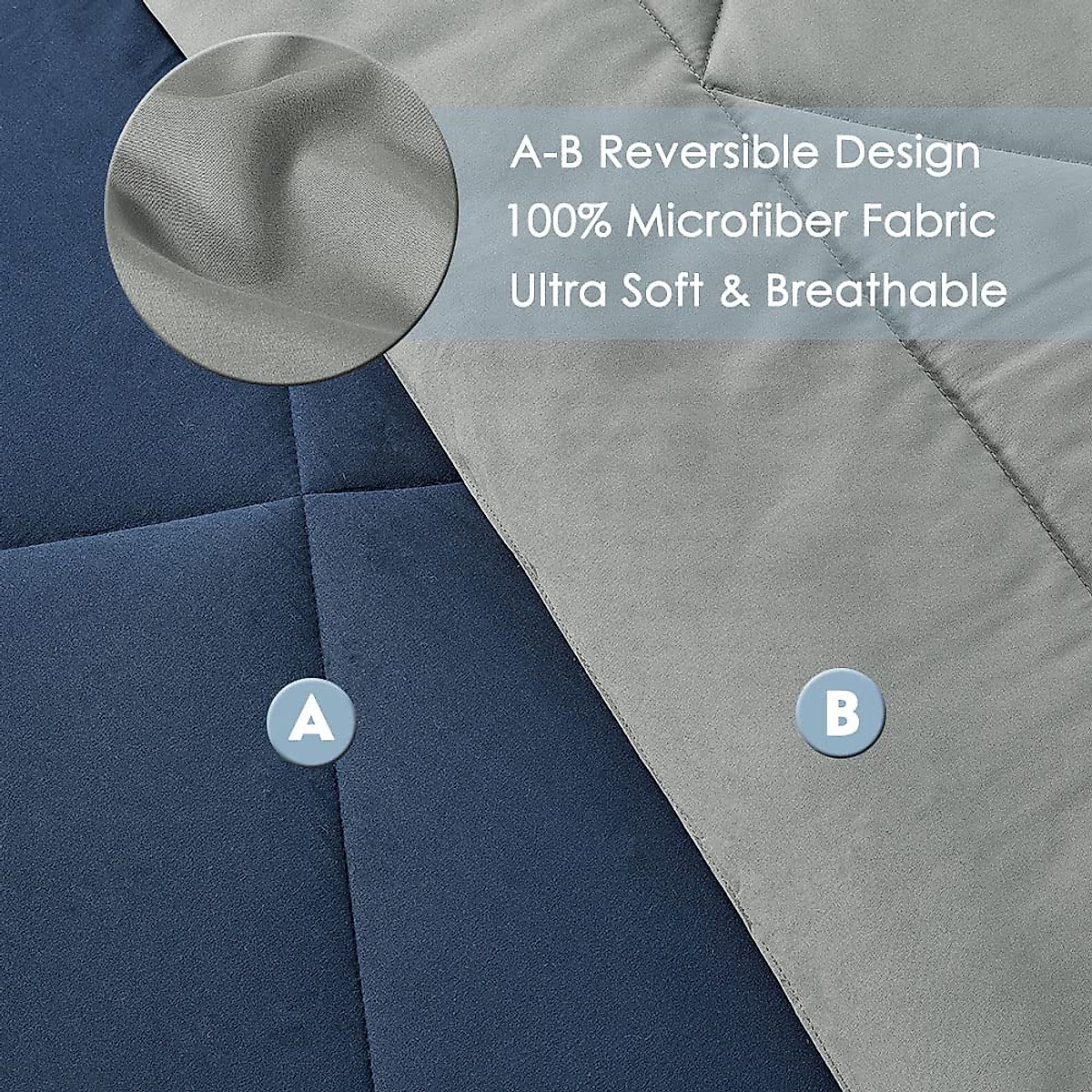 Queen Comforter Set 7 Pieces Bed in a Bag, Full/Queen Reversible Bed Set with Comforter, Flat Sheet, Fitted Sheet, Pillowcases & Shams, Navy Blue and Grey Bedding Sets for Queen Size Bed