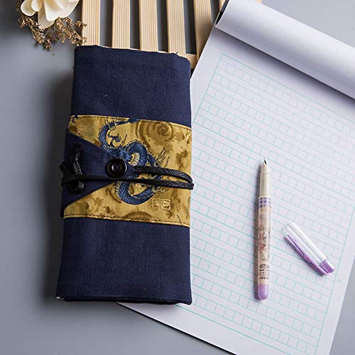 Canvas Pencil Wrap Pouch Cotton Roll Up Pen Organizer with Pencil Loops and Zipper Pocket,Travel Pen Pouch Case for Artists,Students(No Pencil Included) (Chinese Dragon)