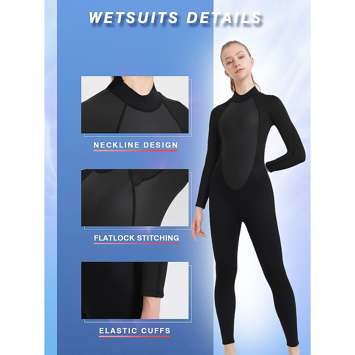 REALON Wetsuit Women Neoprene Wet Suits 3mm Full Body Long Sleeves Swimsuit for Scuba Diving Swimming Surfing Adult in Cold Water Aerobics (Black 3mm Large)