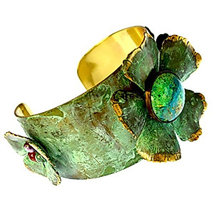 Elaine Coyne Collectible Artwear Verdigris Patina Sculptural Floral Cuff Bracelet - Chrysocolla
