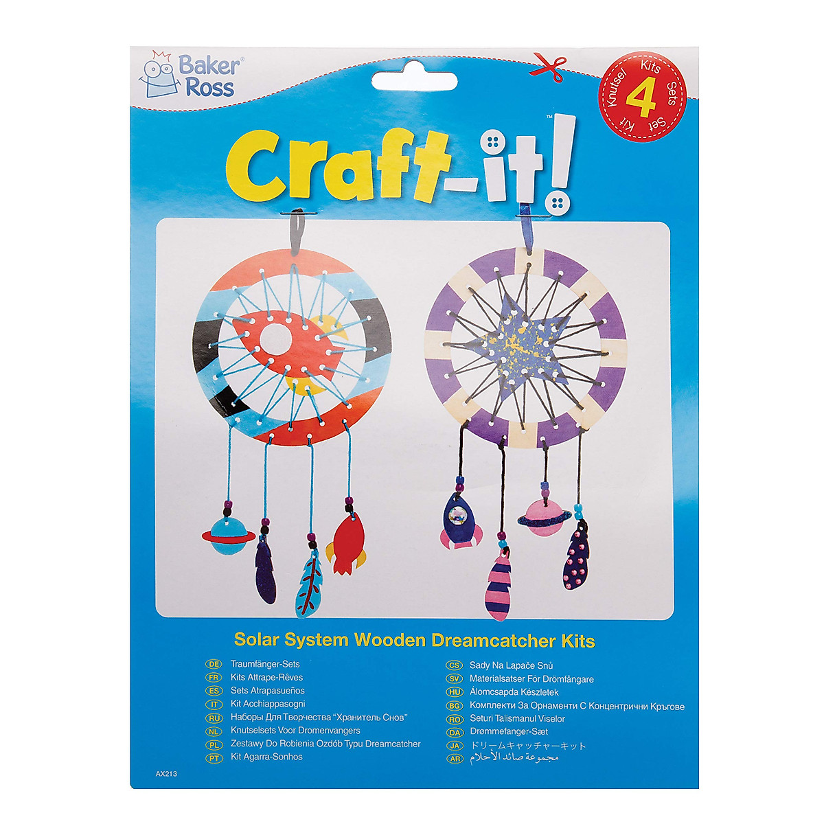 Baker Ross AX213 Solar System Wooden Dreamcatcher Kits - Pack of 4, Create Your own Dreamcatcher Kits for Kids Arts and Crafts, Wall Decorations for Girls and an Introduction to Sewing