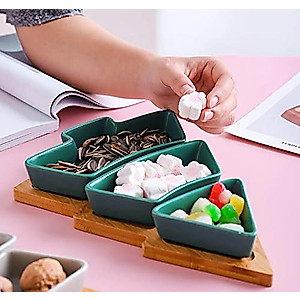 Green Christmas Tree Plates Chip & Dip Set, 11 Inches Christmas Ceramic Snack Plate with Bamboo Tray, Removable Porcelain Tree Appetizer Dessert Fruit Salad Saucers Bowl Cutlery Platter Serving Dish