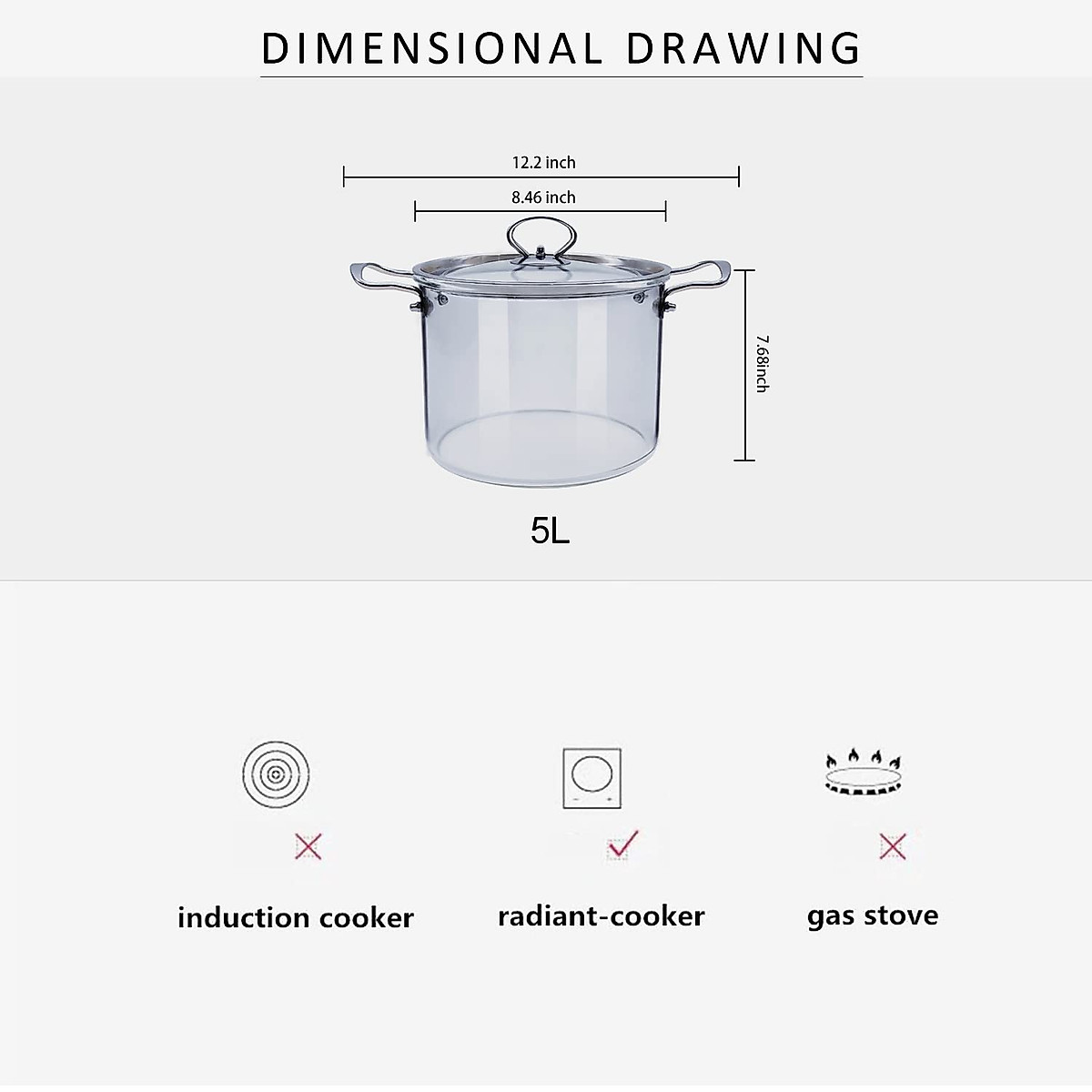 Saucepan with Lid, Glass Pot Stovetop 5L Heat Resistant ABHOME Stainless Steel Double Handles Clear Glassware for Cooking Milk, Pasta & Baby Food (5 Liter)