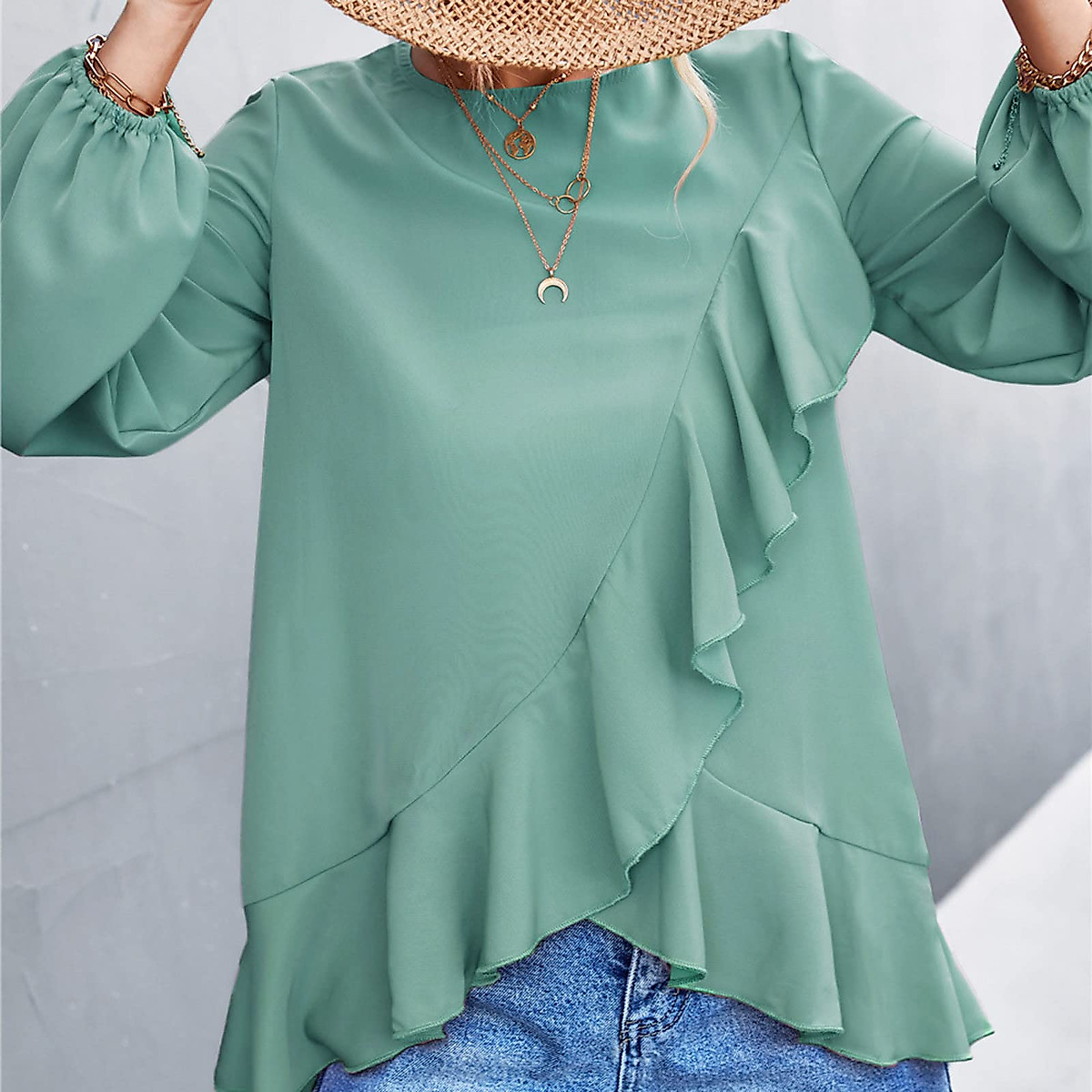 Blouse for Women Long Sleeve Kimloog Fashion Women Autumn Loose Long Puff Sleeve Soid Sweatshirt Top Blouse Red