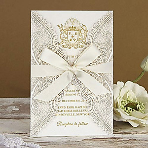 Picky Bride 25-Pack Ivory Laser Cut Lace Wedding Invitations Wraps with Shimmer Insert and Ribbon Bow, Elegant Invite Cards for Wedding/Bridal Shower/Birthday Party, 125 x 185mm (25 Invitations)