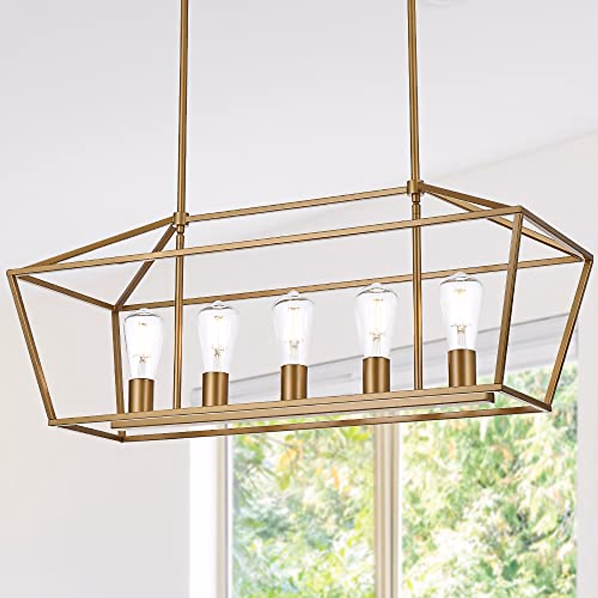 VINLUZ 5 Light Modern Kitchen Island Light in Gold Finish,Industrial Hanging Pendant Lighting Fixture with Metal Frame Linear Lantern Chandelier for Dining Room Foyer Cafe Bar