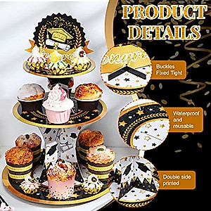 Treela 3 Pieces Graduation Cupcake Stands 3 Tier Round Cardboard Cupcake Stand 2023 Black and Gold Grad Decorations Theme Dessert Stand Holder for Graduation Party Supplies Favors