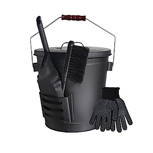 vensovo 5 Gallon Ash Bucket with Lid - Shovel, Broom, and Gloves, Heavy Duty Galvanized Iron, Fire-Resistant, Black Finish Perfect for Fireplaces, Fire Pits, Wood-Burning Stoves, and Grills