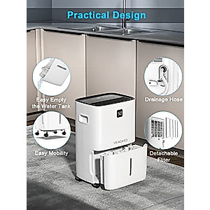 70 Pints Dehumidifiers for Home, VEAGASO 5,000 Sq.Ft Dehumidifier for Basement with Drain Hose, Large Room, Bathroom, Closet, Intelligent Humidity Control, 2023 Most Efficient, White