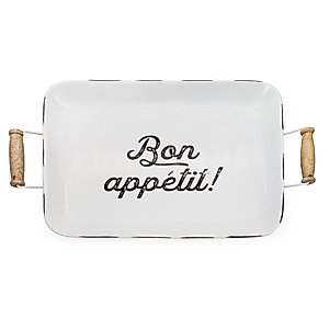 AuldHome Enamelware Bon Appetit Tray (White); Distressed Farmhouse Style Metal Decorative Serving Platter