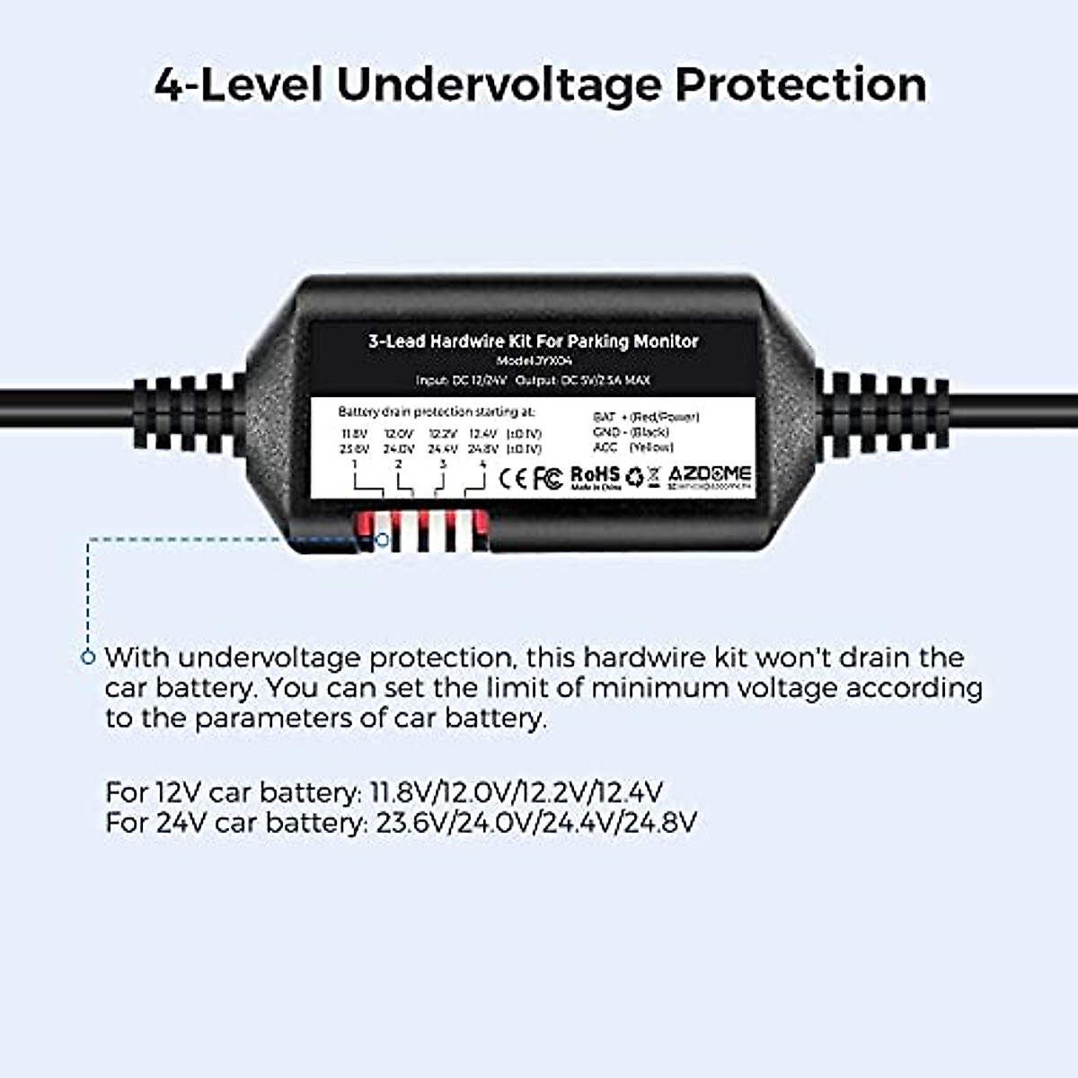 AZDOME Micro USB Port 3-Lead Acc Hardwire Kit for M300S Dash Cam, 12ft with Fuse Kit, for Dash Camera 24H Parking Monitor Mode, Converts 12V-24V to Output 5V/2.5A Max JYX04